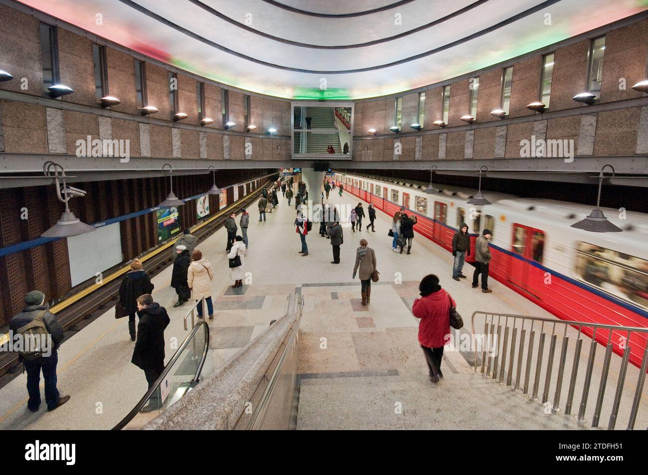 Illuminated plafond at Plac Wilsona metro underground station in Warsaw ...