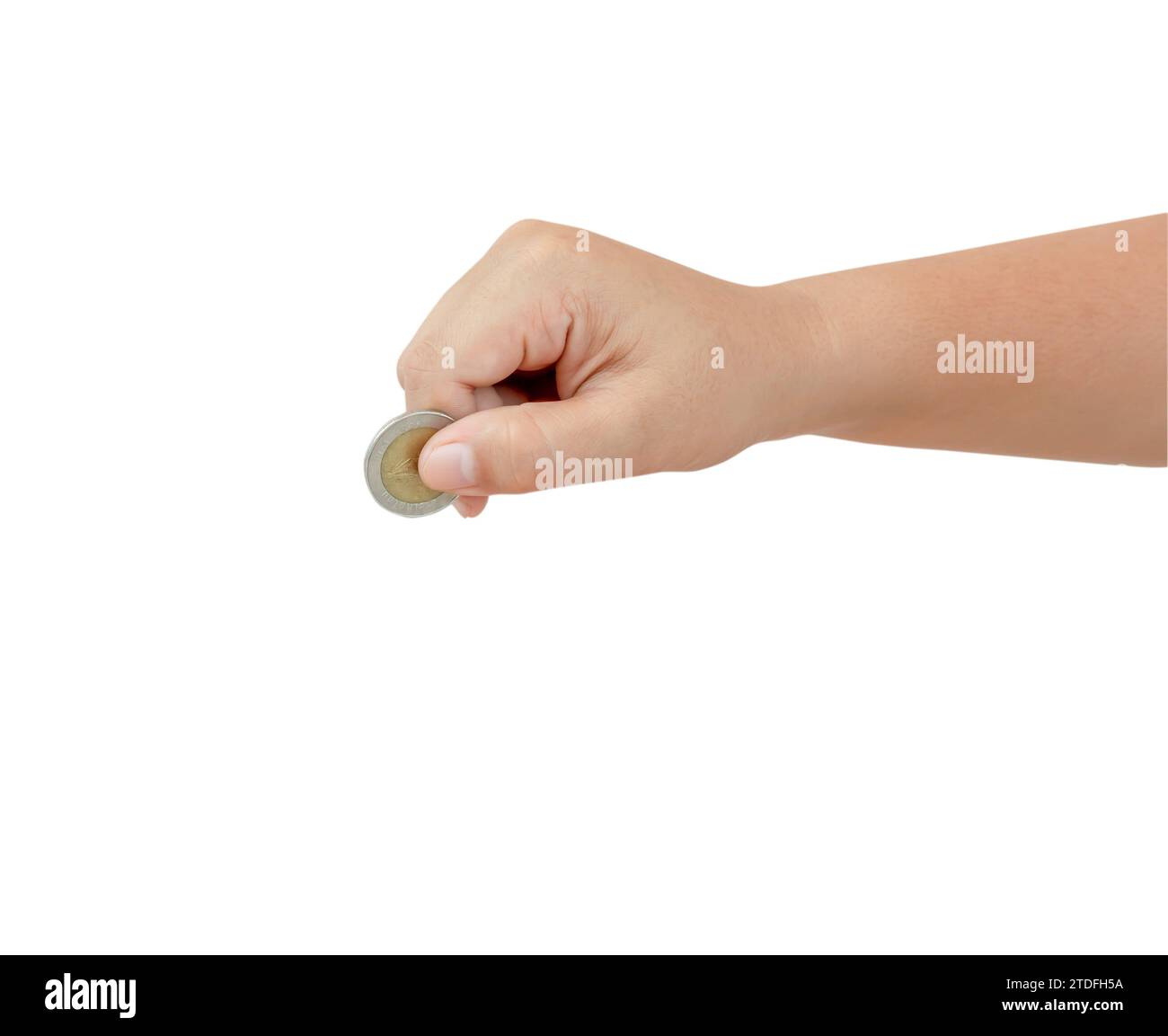 Child or kid hand is holding coin isolated on white back ground with ...