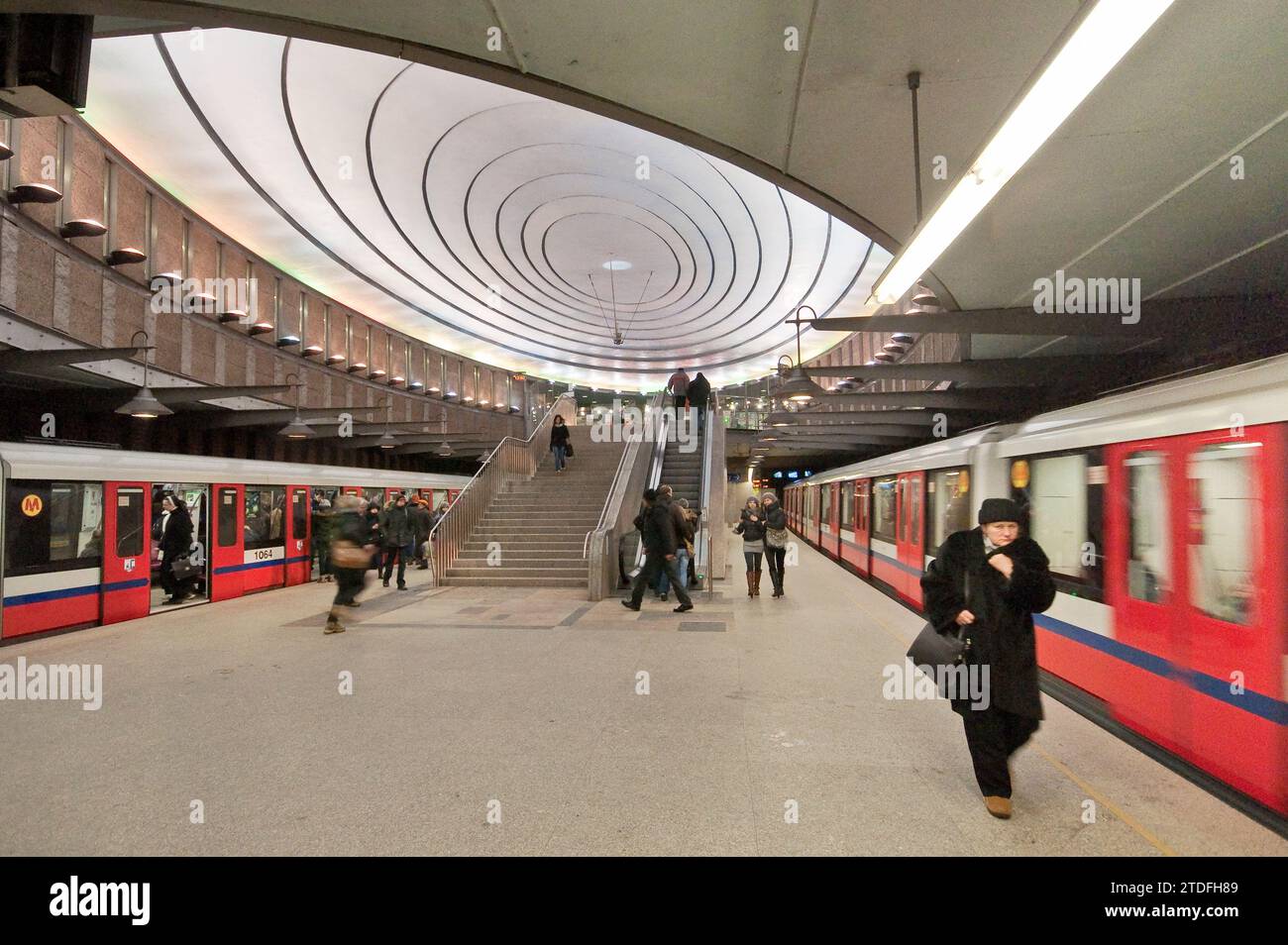 Illuminated plafond at Plac Wilsona metro underground station in Warsaw ...