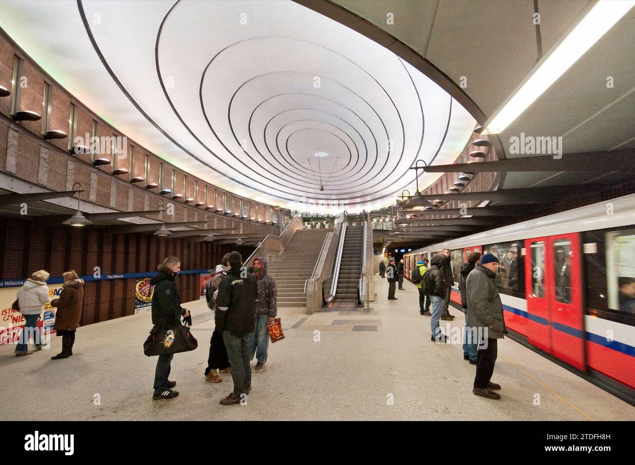 Illuminated plafond at Plac Wilsona metro underground station in Warsaw ...