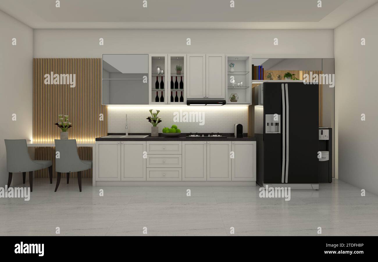 White Counter Kitchen and Simple Bar Table with Wooden Panel Stock ...