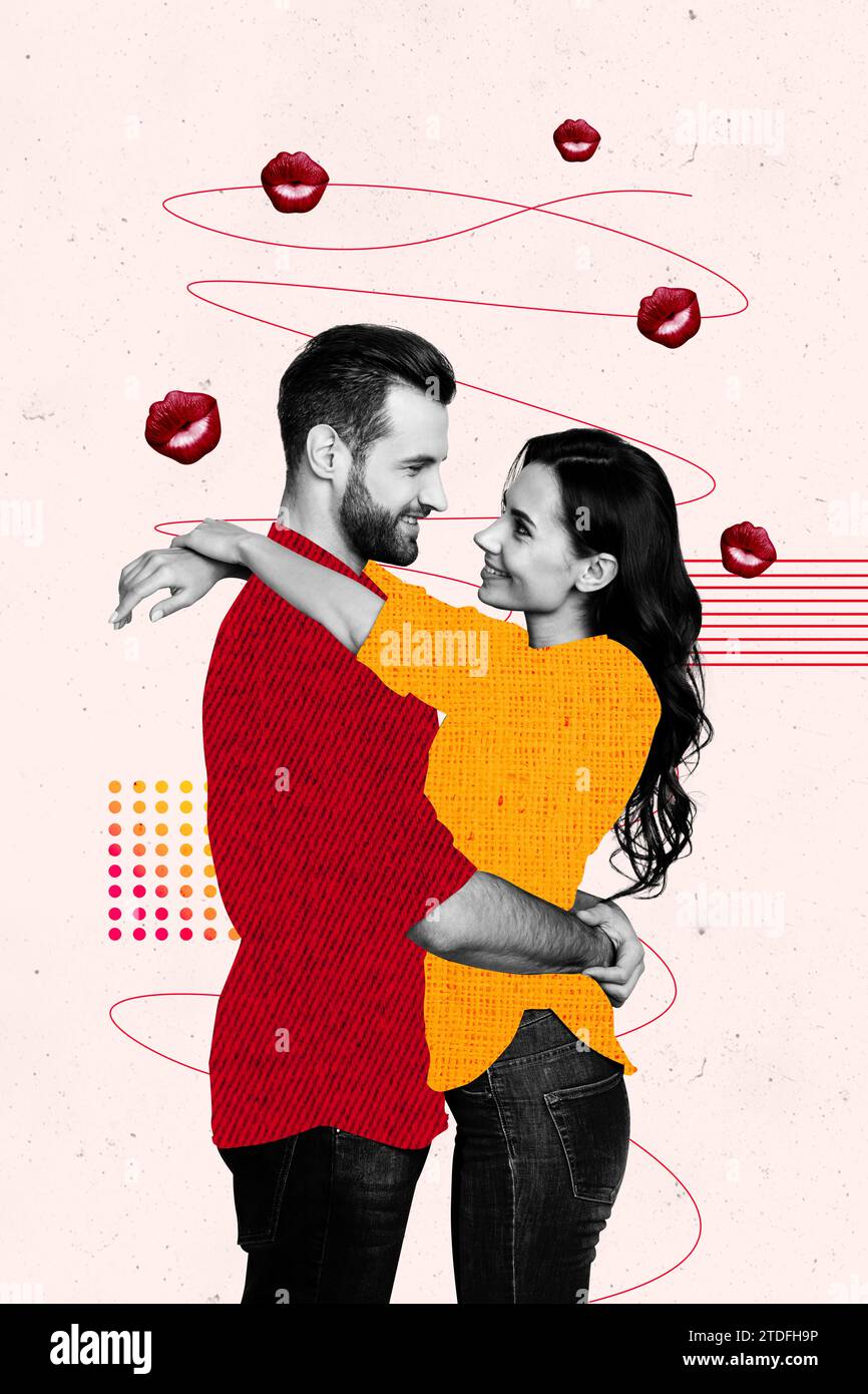 Vertical collage creative poster young beautiful romantic couple cuddle ...