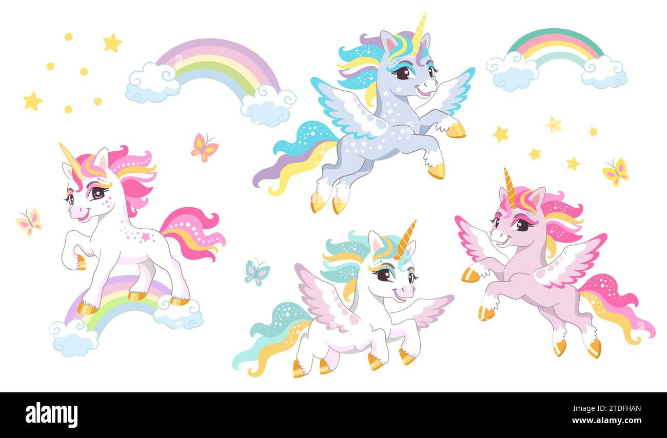 Collection of cute flying unicorn on a white background vector Stock ...
