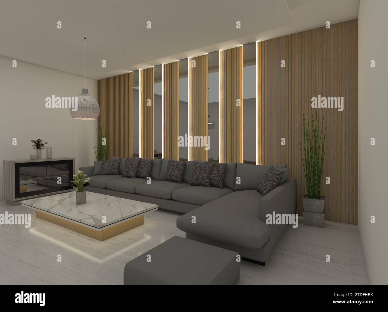 Luxury Interior Design using Grey Sofa with Wooden Panel and Marble ...