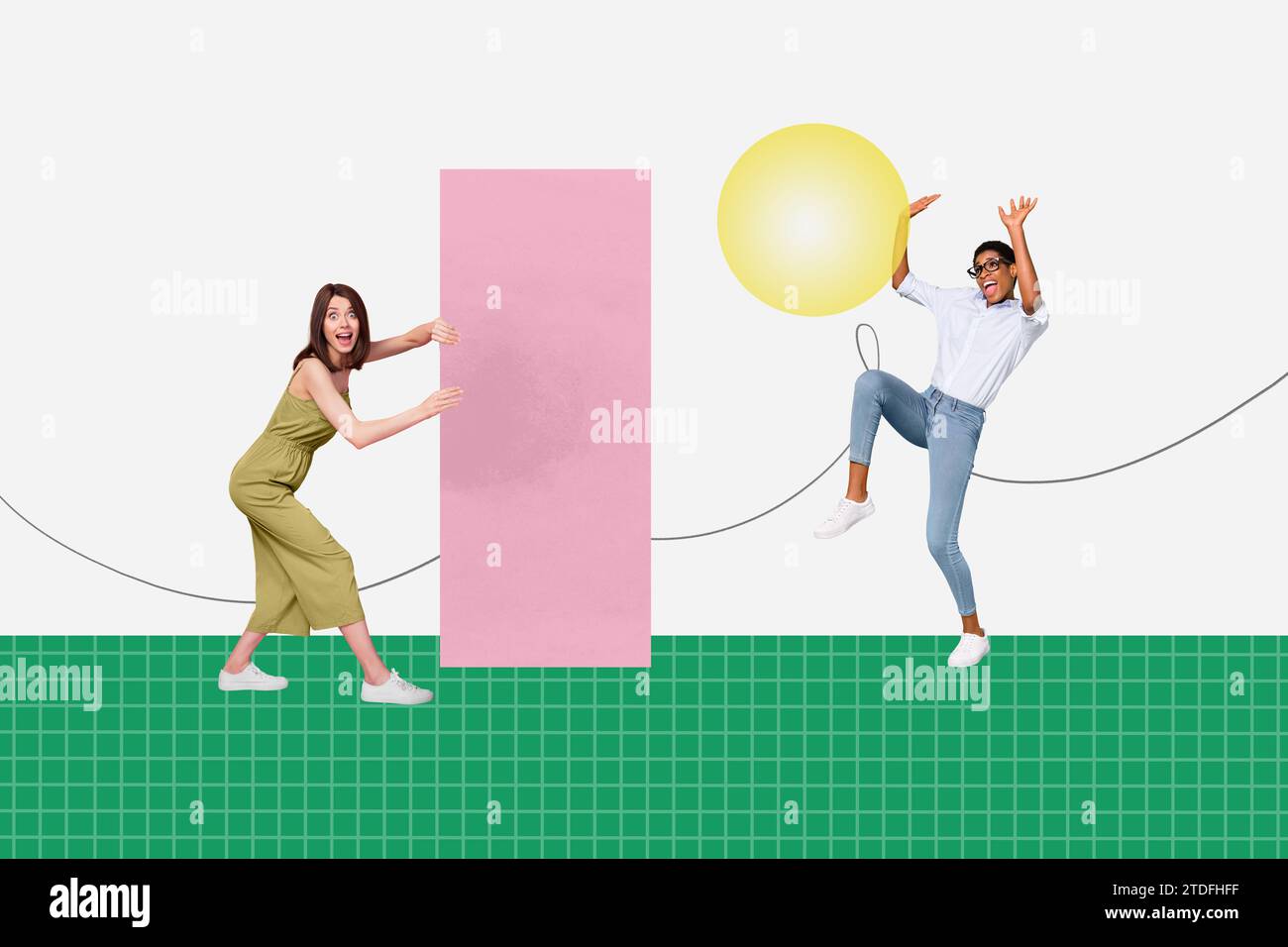 Collage picture of two young carefree girls having fun playing with ...