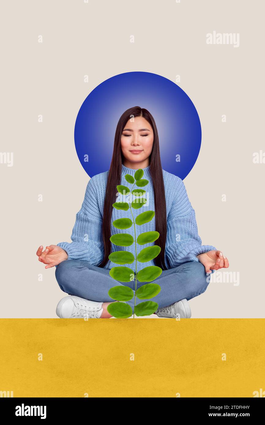 Composite collage illustration photo of peaceful focused girl sit in ...