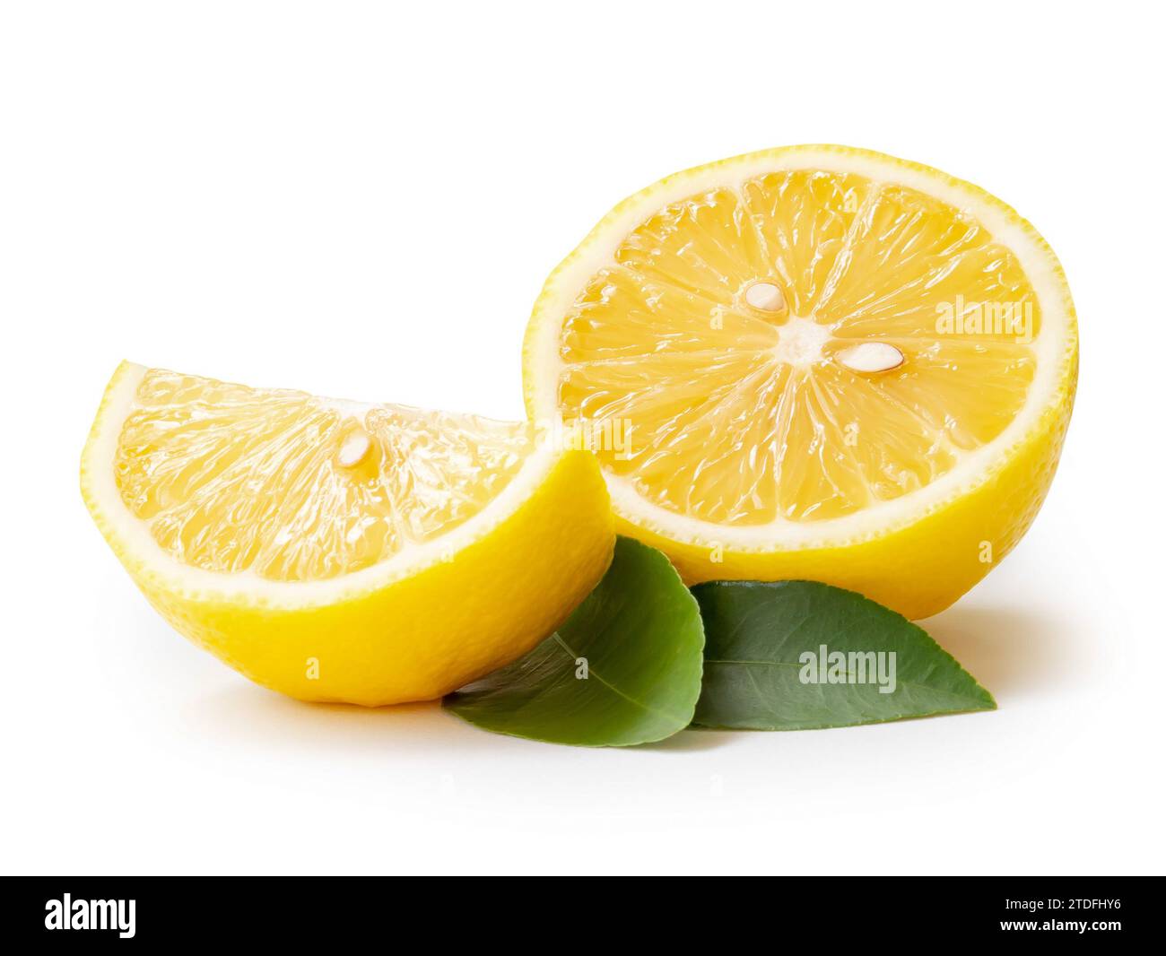 Front view of beautiful yellow lemon half with slice is isolated on ...
