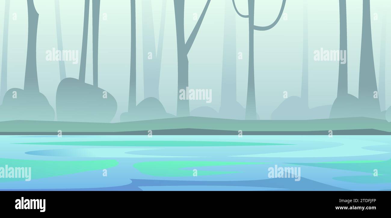 River in fog. View of trees. Scenery Landscape. Fun cartoon style ...