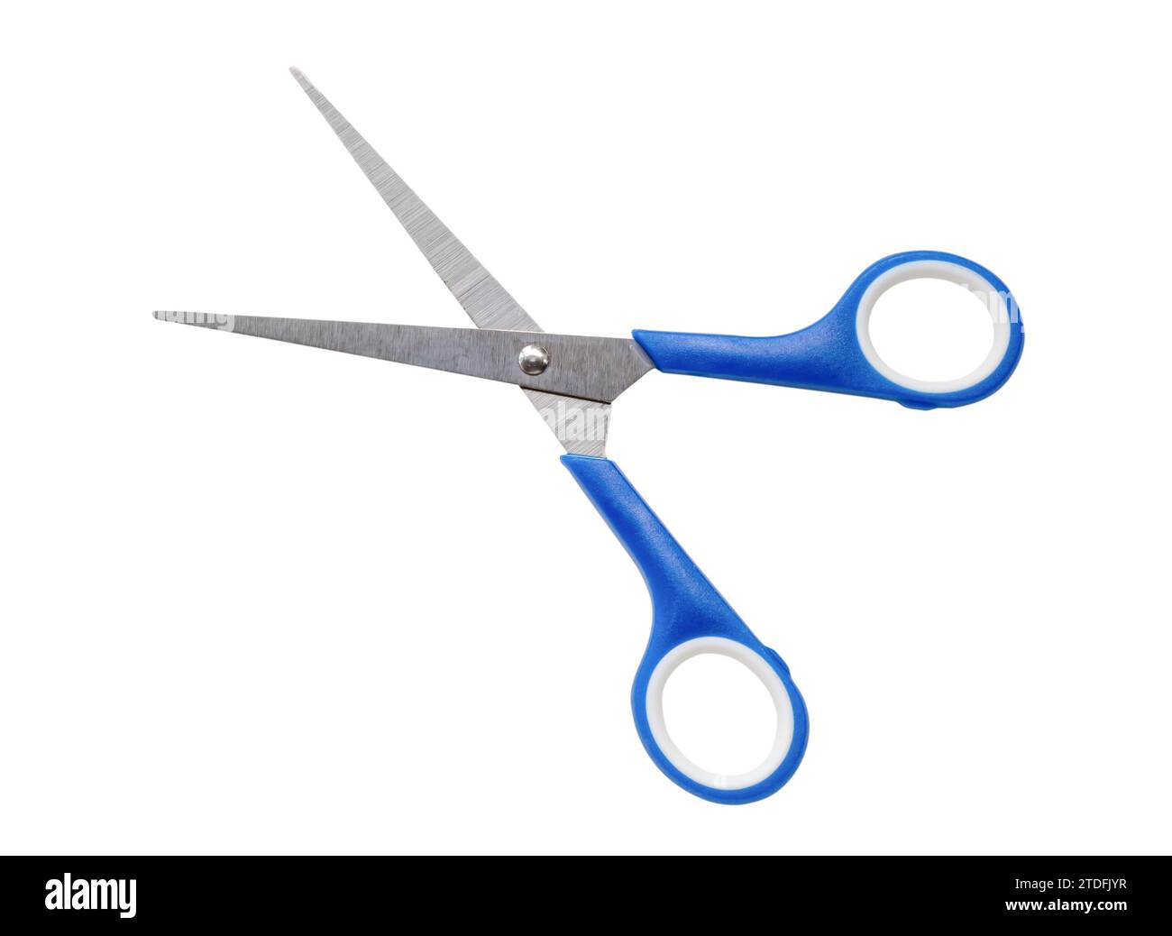 Small multipurpose scissors with blue handle is isolated on white ...