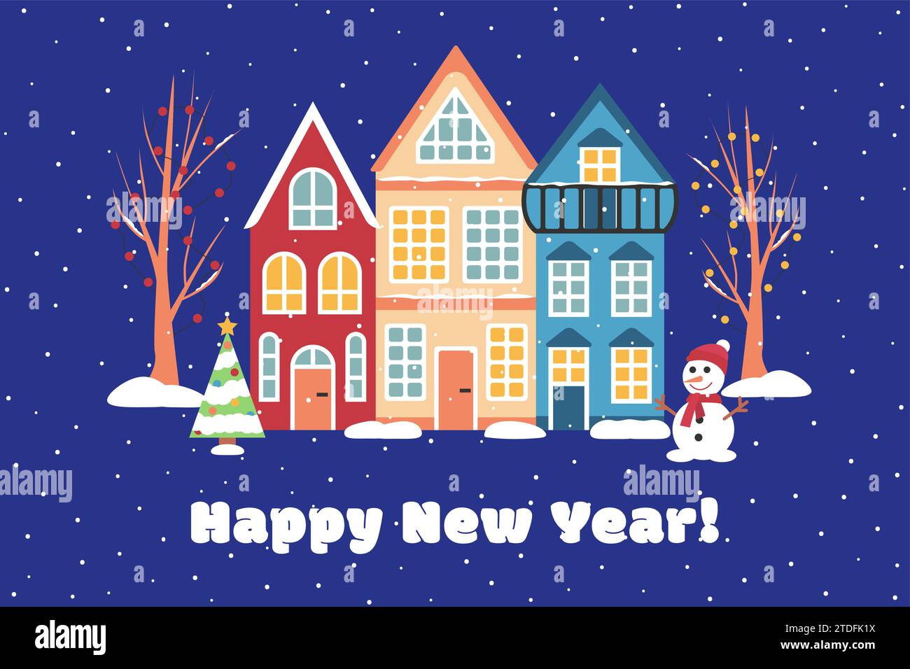 Vector illustration. Happy New Year card template. Scandinavian houses ...