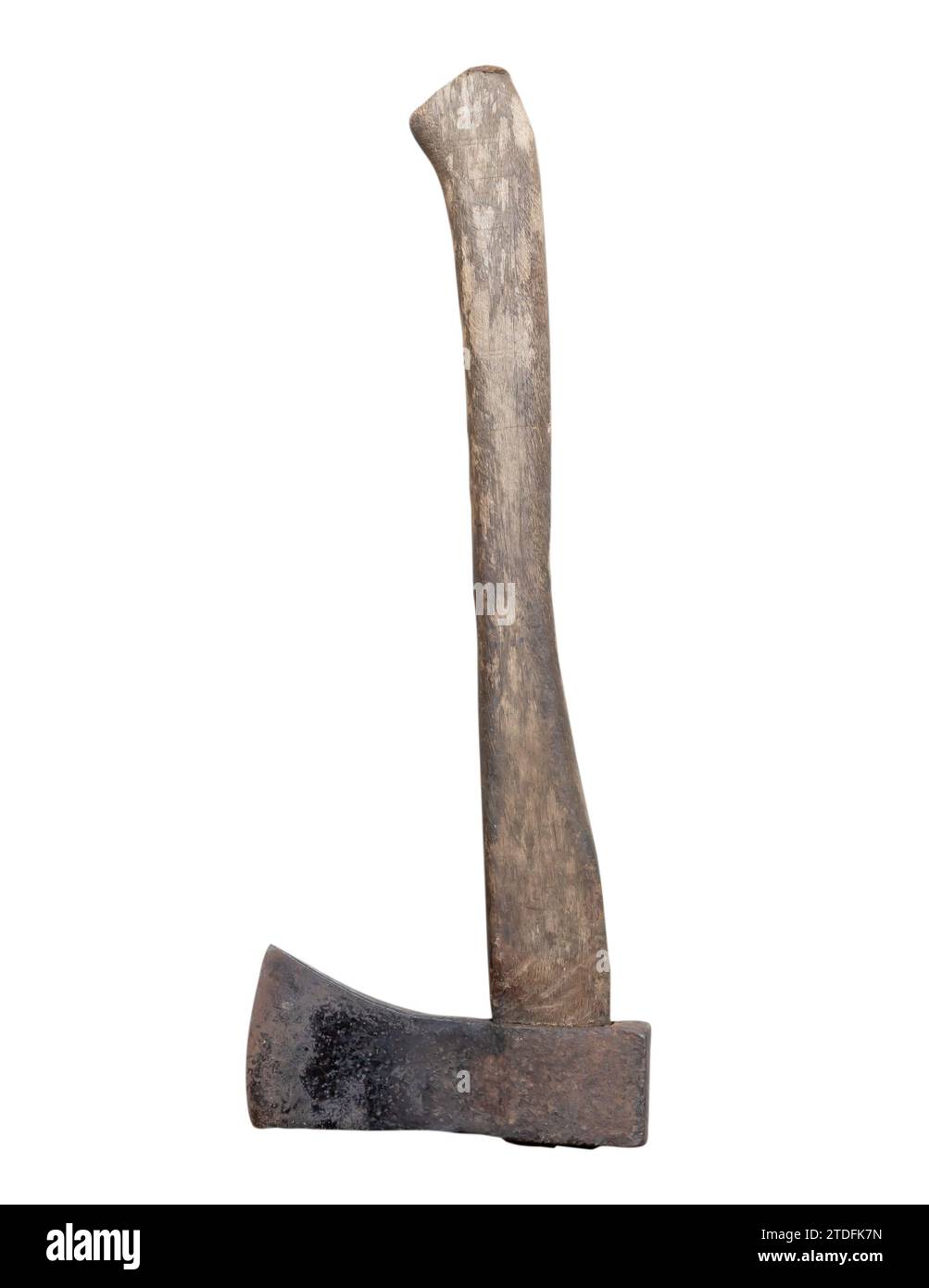 Old dark gray metal axe with wooden handle is isolated on white ...