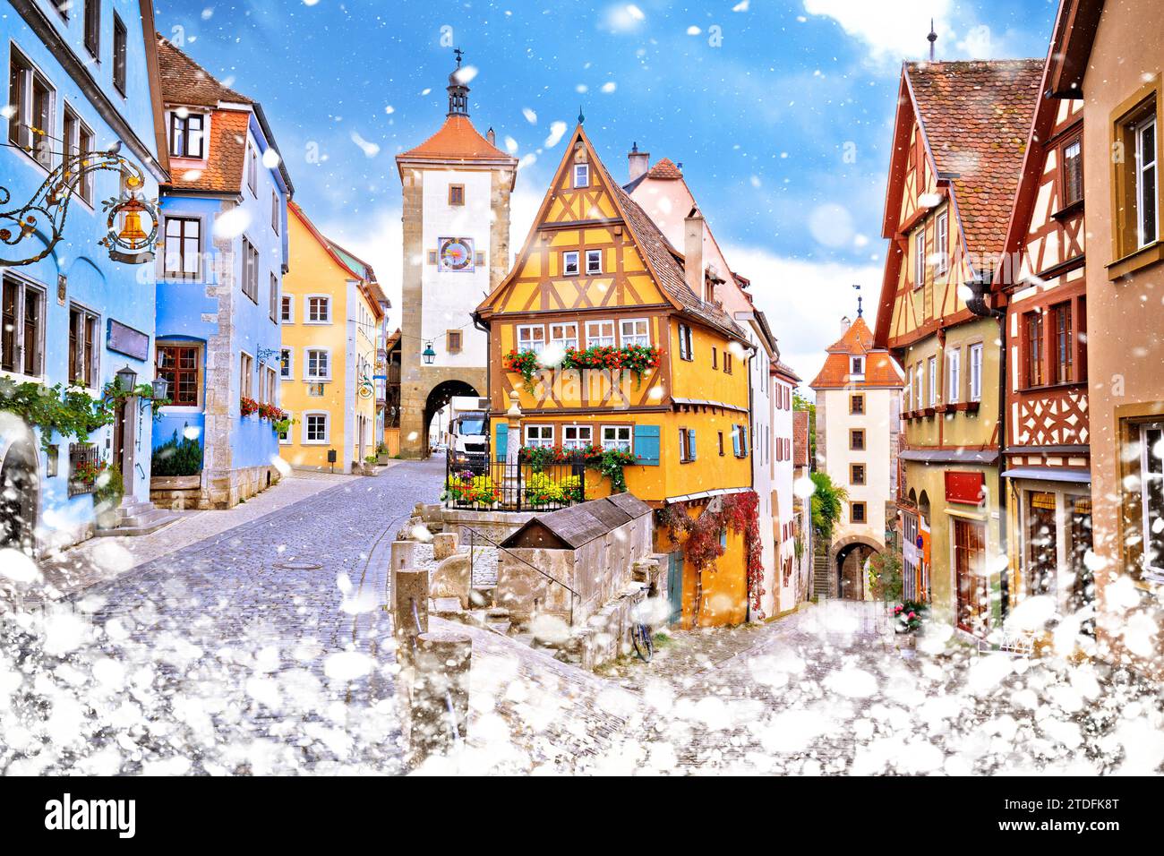 Cobbled street and architecture of historic town of Rothenburg ob der ...