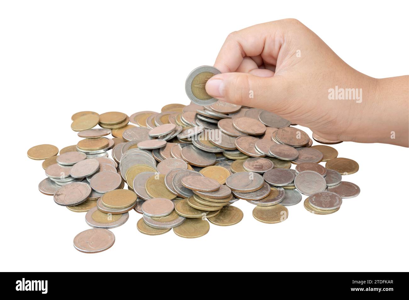 Child or kid hand holding coin over coin stack is isolated on white ...