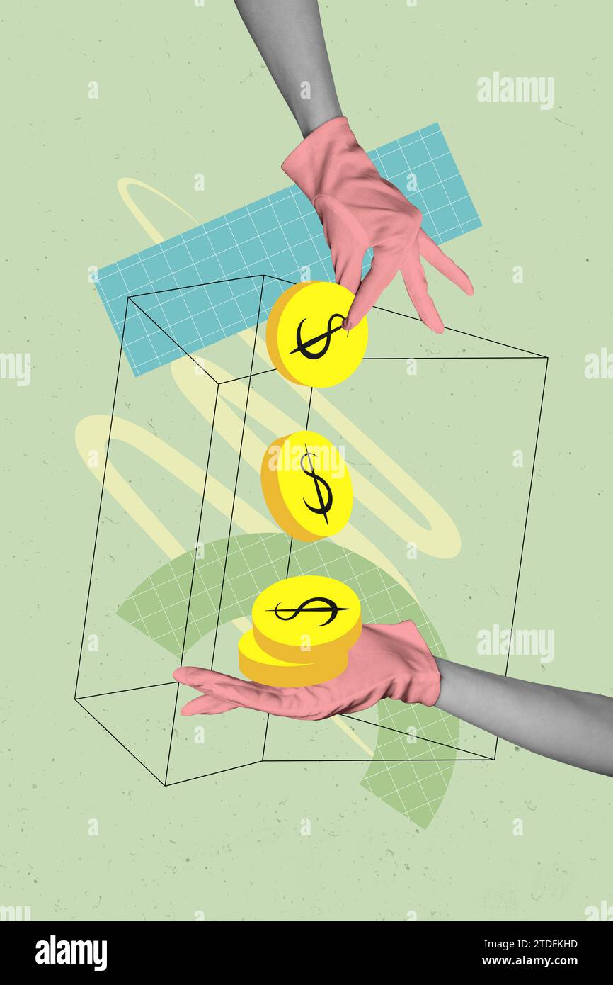 Vertical creative collage image of hands hold pour money golden coins ...