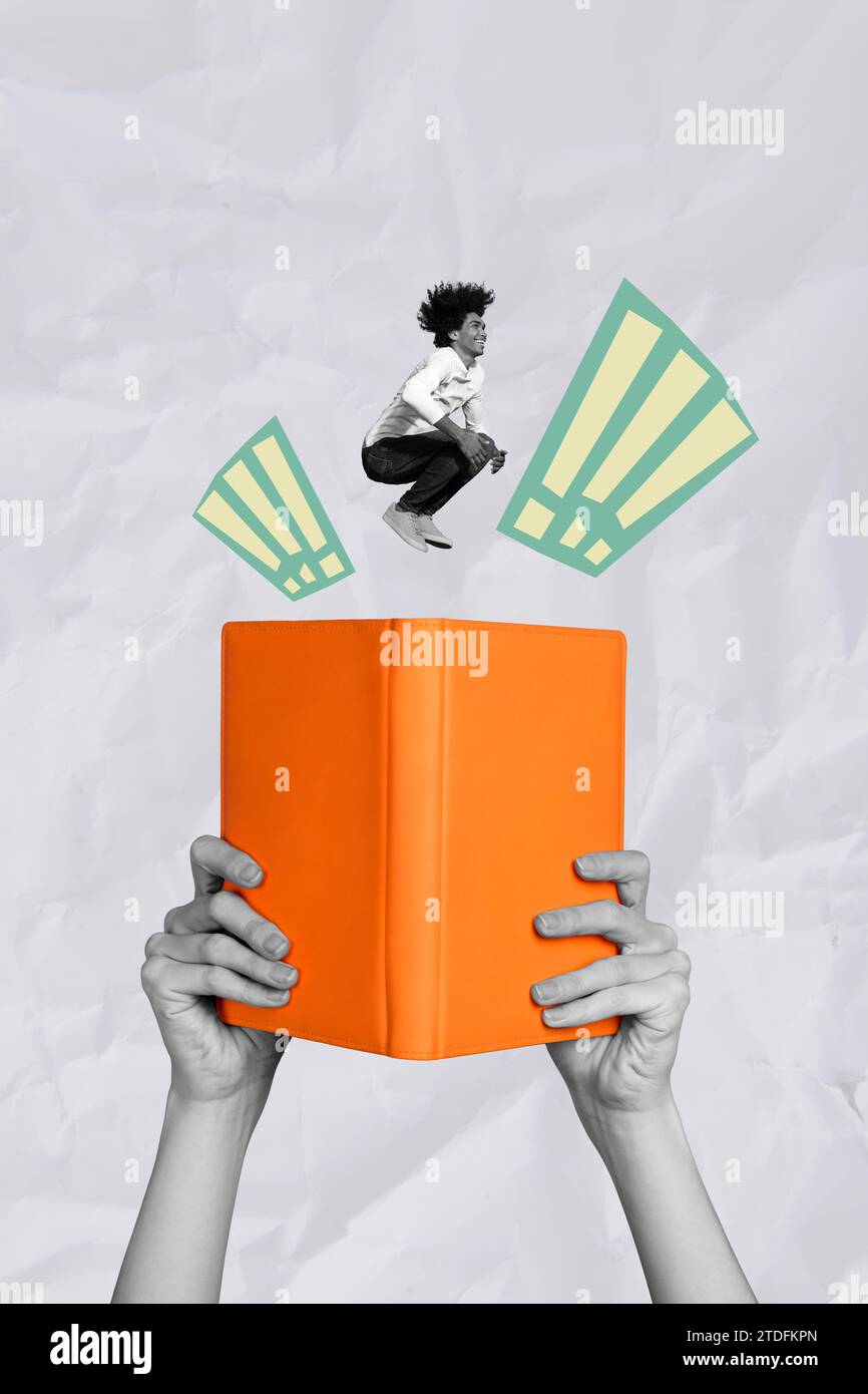 Vertical collage image of mini excited guy jump fall black white effect ...