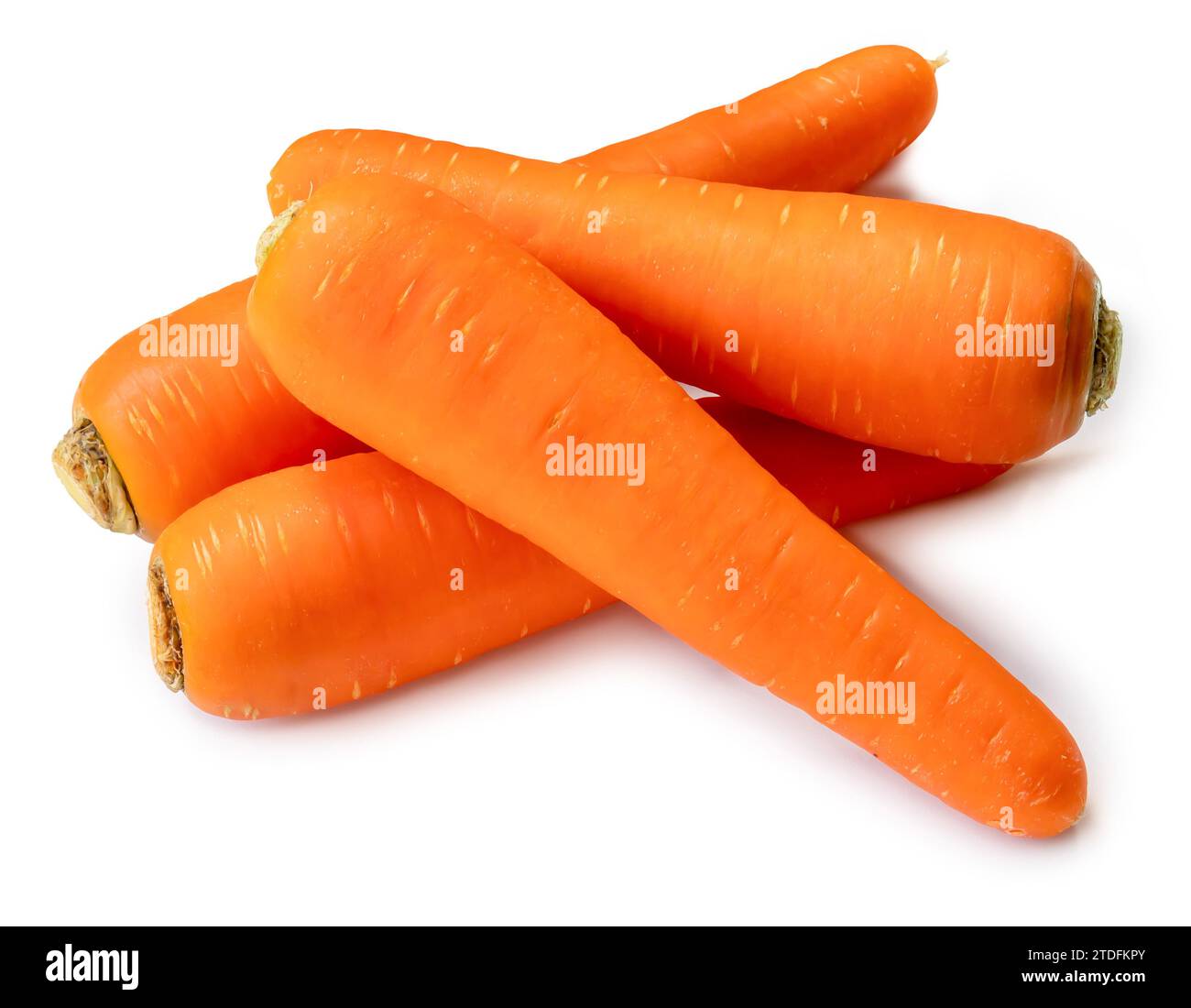 Top view of fresh orange carrots in stack are isolated on white ...
