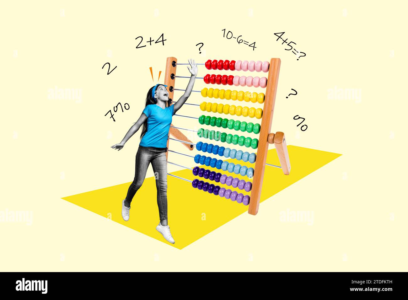 Horizontal photo collage of young school girl actively rising hand to ...