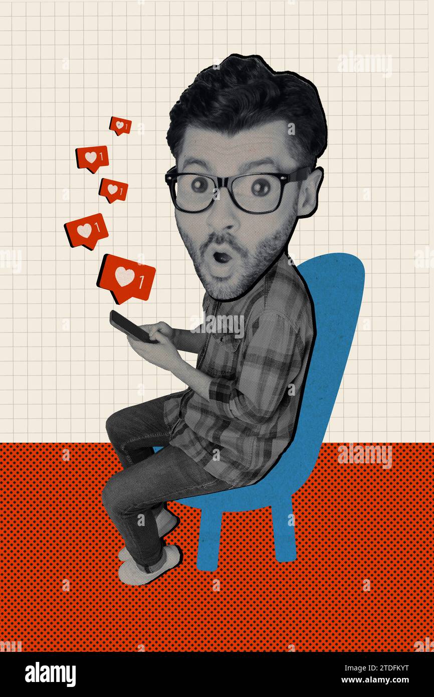 Vertical comics photo collage of guy big head hold smartphone receive ...