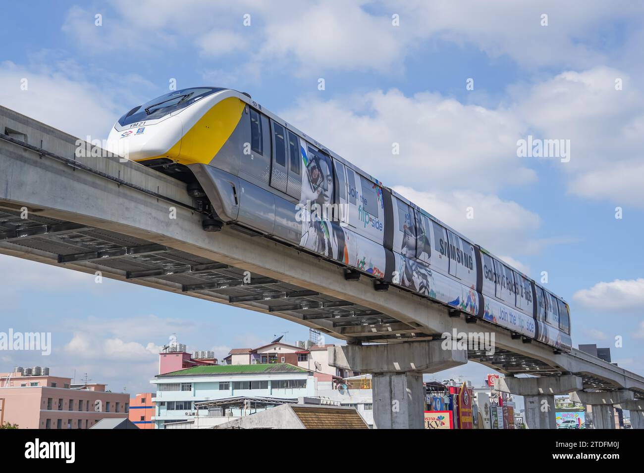 MRTA yellow monorail line unmanned, autopilot sky train. Thailand ...
