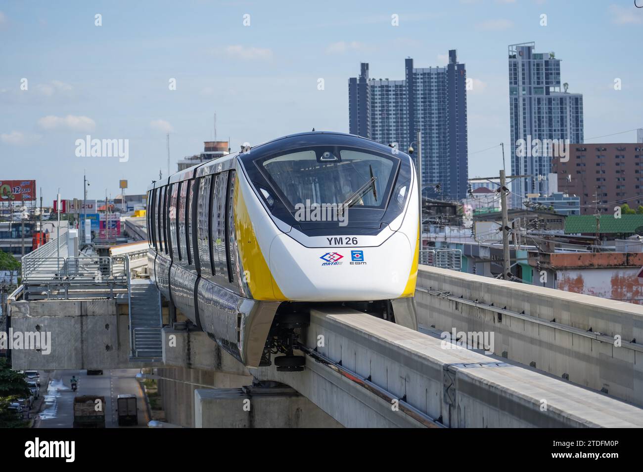 MRTA yellow monorail line unmanned, autopilot sky train. Thailand ...