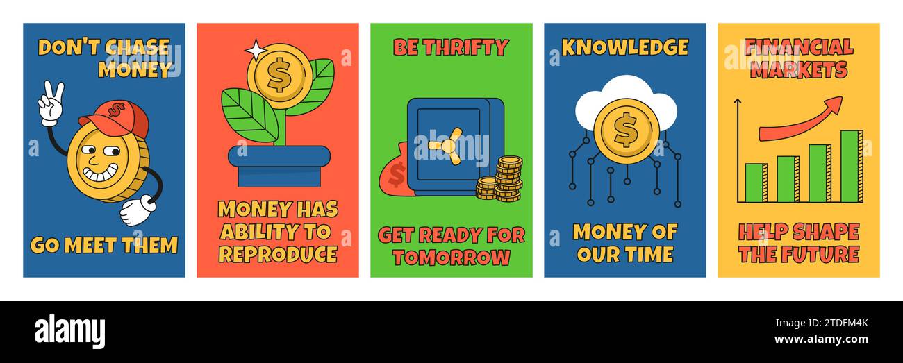 Money posters. Cartoon coin stickers, rich finance characters ...