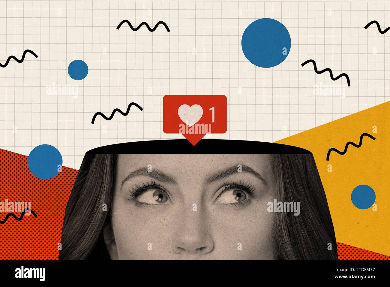 Horizontal colorful surreal photo collage of pretty lady half head ...