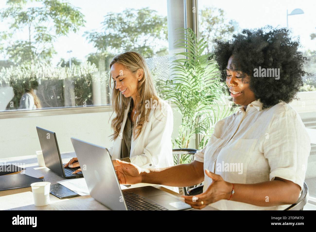 Two female coworkers smiling and having fun while working together in ...