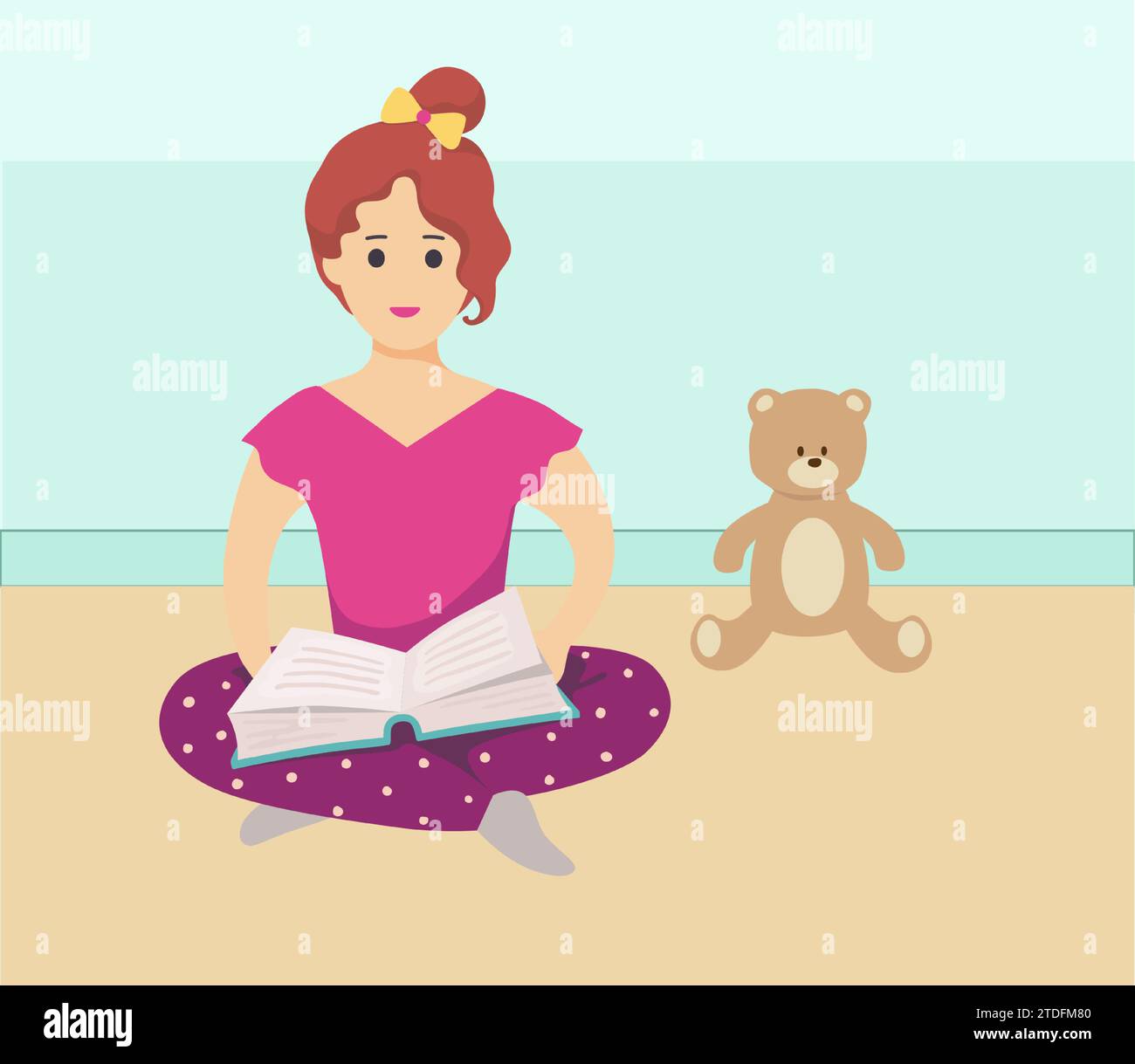 Reading children. Cartoon school character sitting on floor. Happy ...