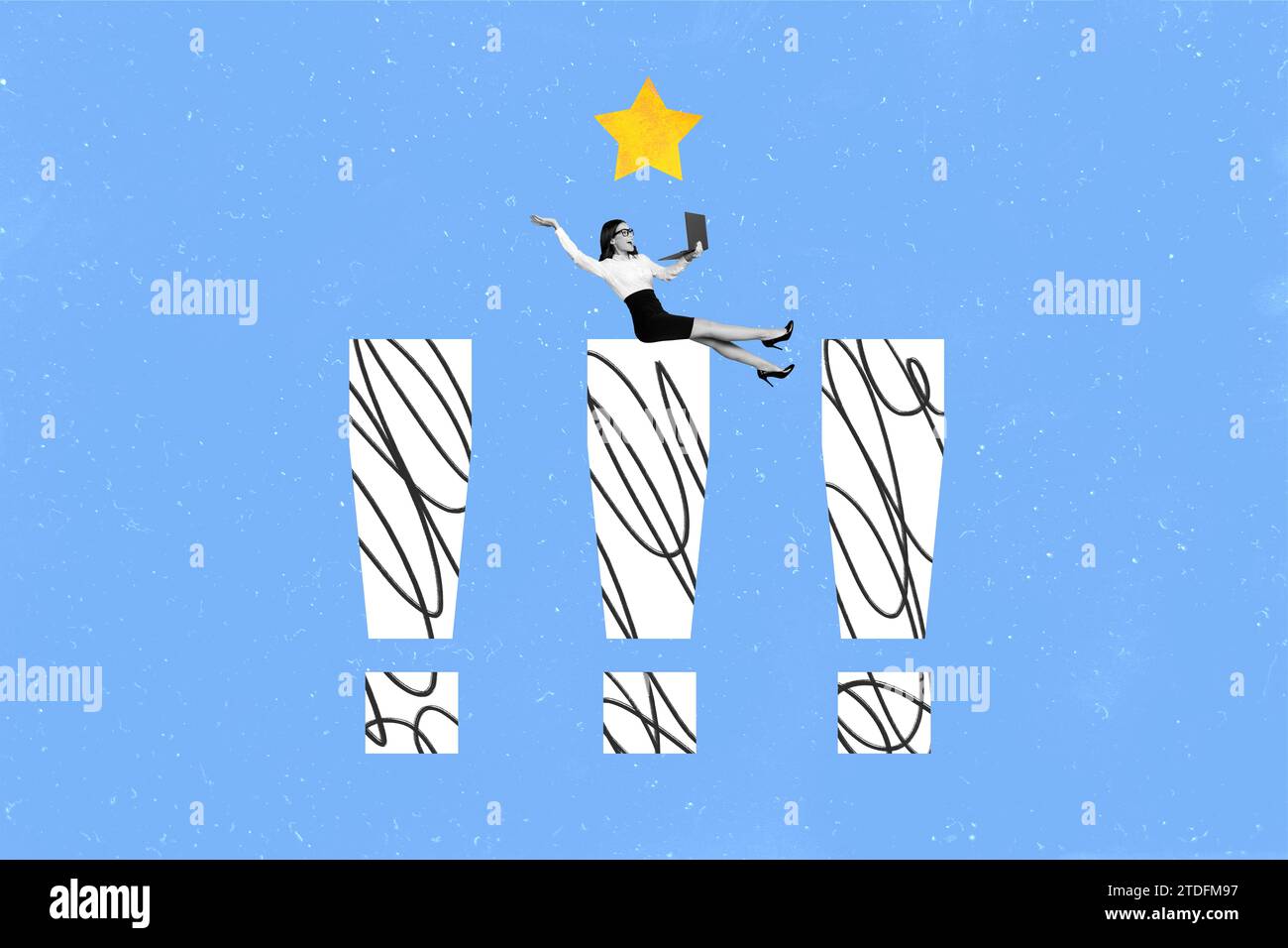 Horizontal surreal photo collage of businesswoman sit on giant ...