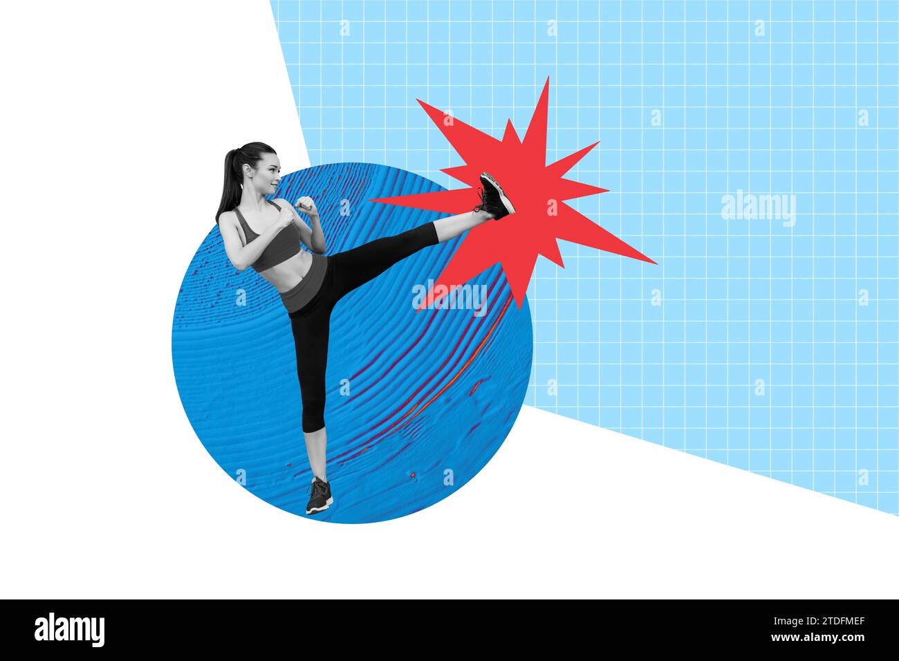 Horizontal photo collage of woman kickboxing high kick exercise with ...