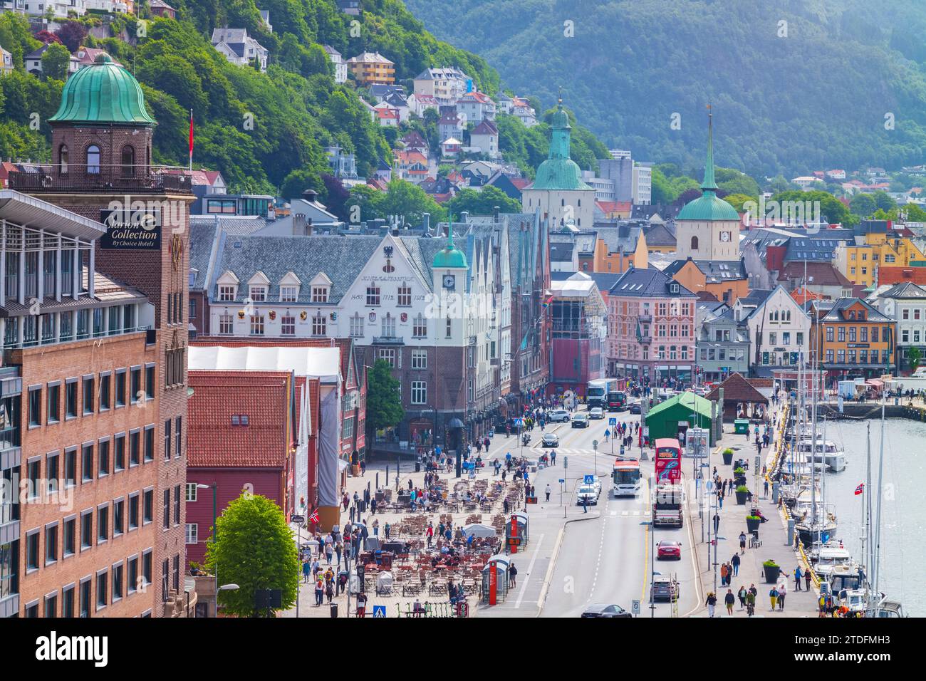 Bergen, Norway, June 29, 2023: Aerial view of Route 577 or Bryggen Road ...