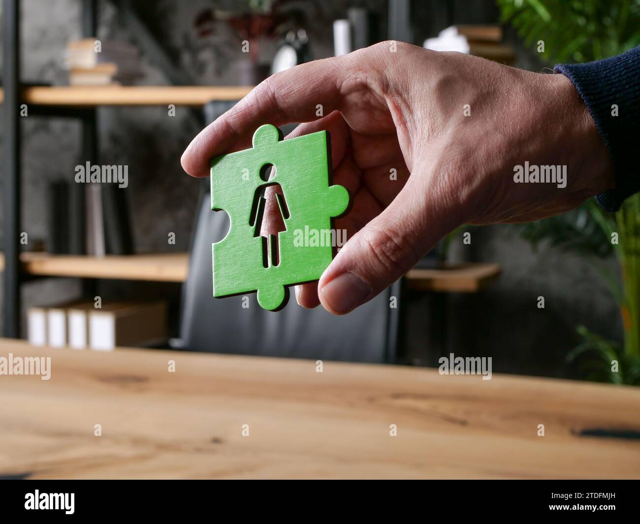 Gender equality at work. Workplace and a puzzle piece with a female ...