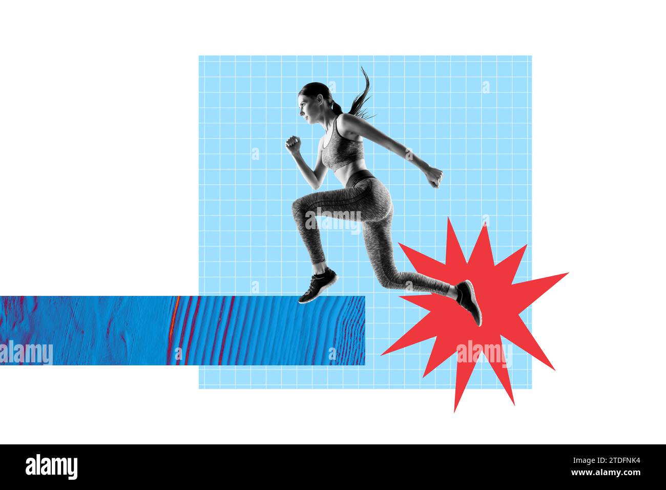 Horizontal creative photo collage young motivated fit sportswoman run ...