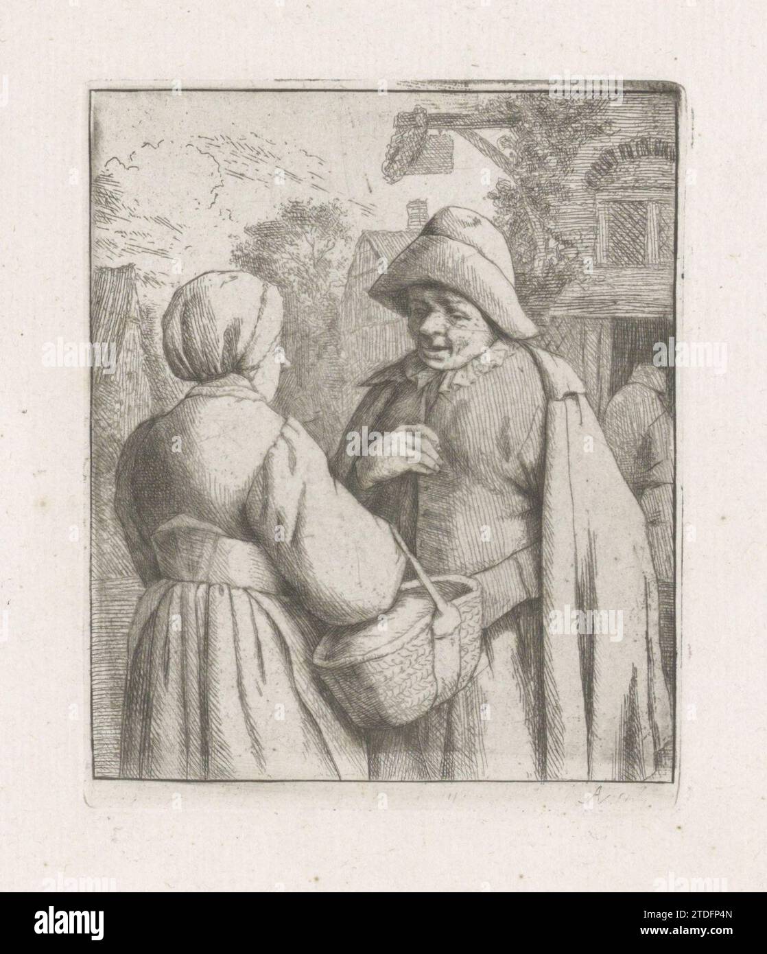 Woman and Man in conversation, 1846 - 1900 A basket hangs on the woman ...