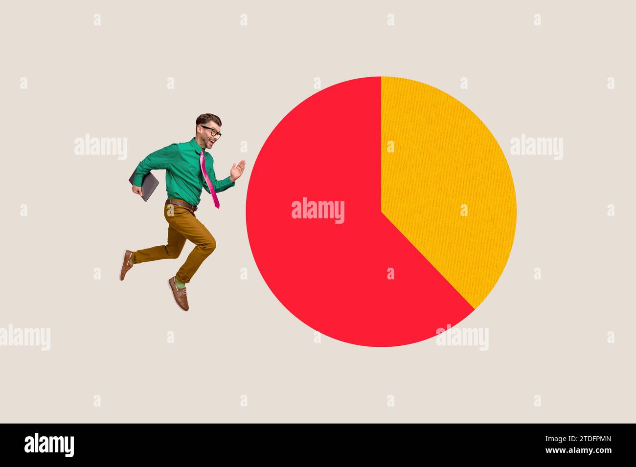 Creative collage picture of excited mini guy run jump hold laptop huge ...