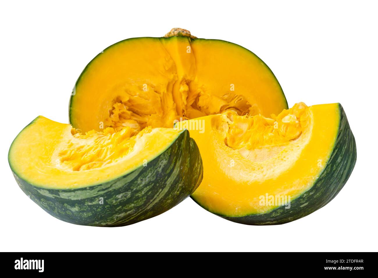 Fresh kabocha or green japanese pumpkin half with slices is isolated on ...