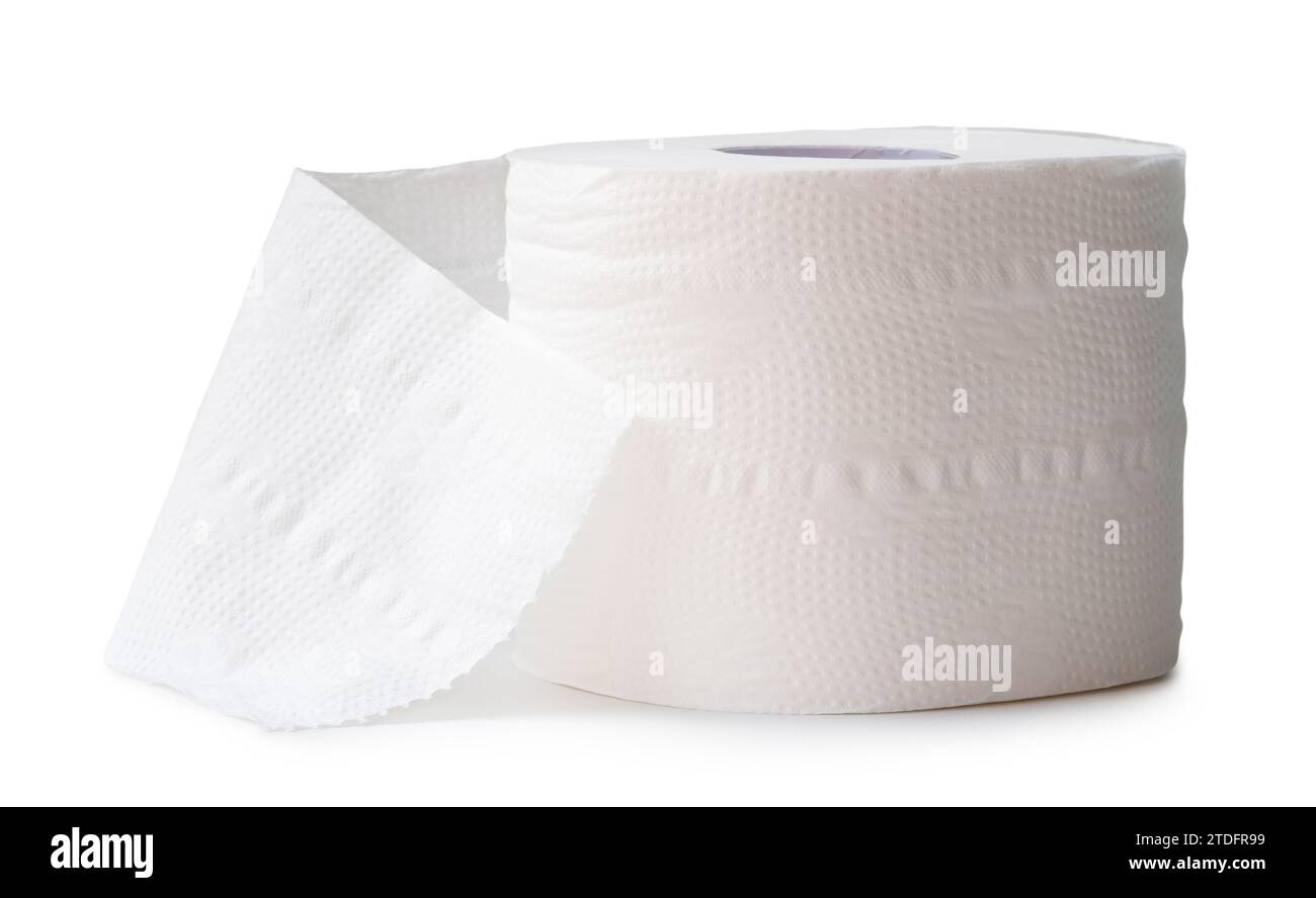 Front view of single tissue paper roll prepared for use in toilet or ...