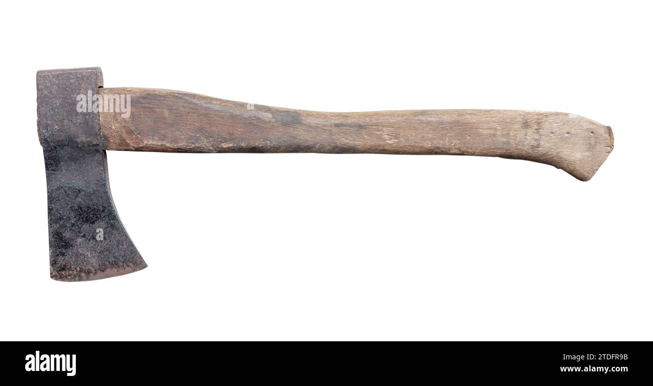 Old rust dirty dark gray axe with brown wooden handle is isolated on ...