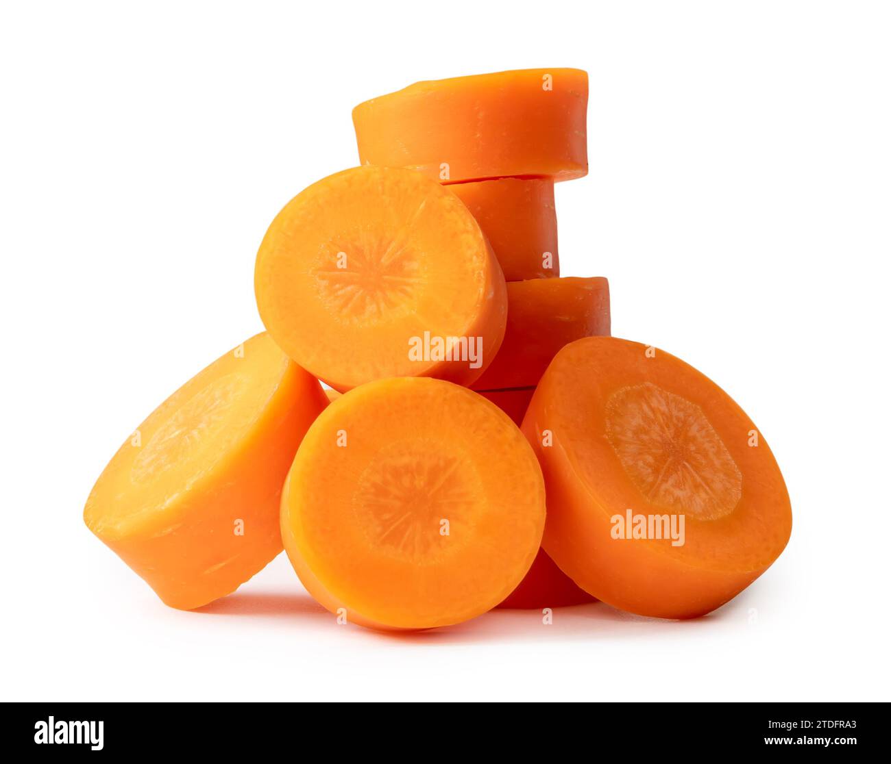 Fresh beautiful orange carrot slices in stack are isolated on white ...