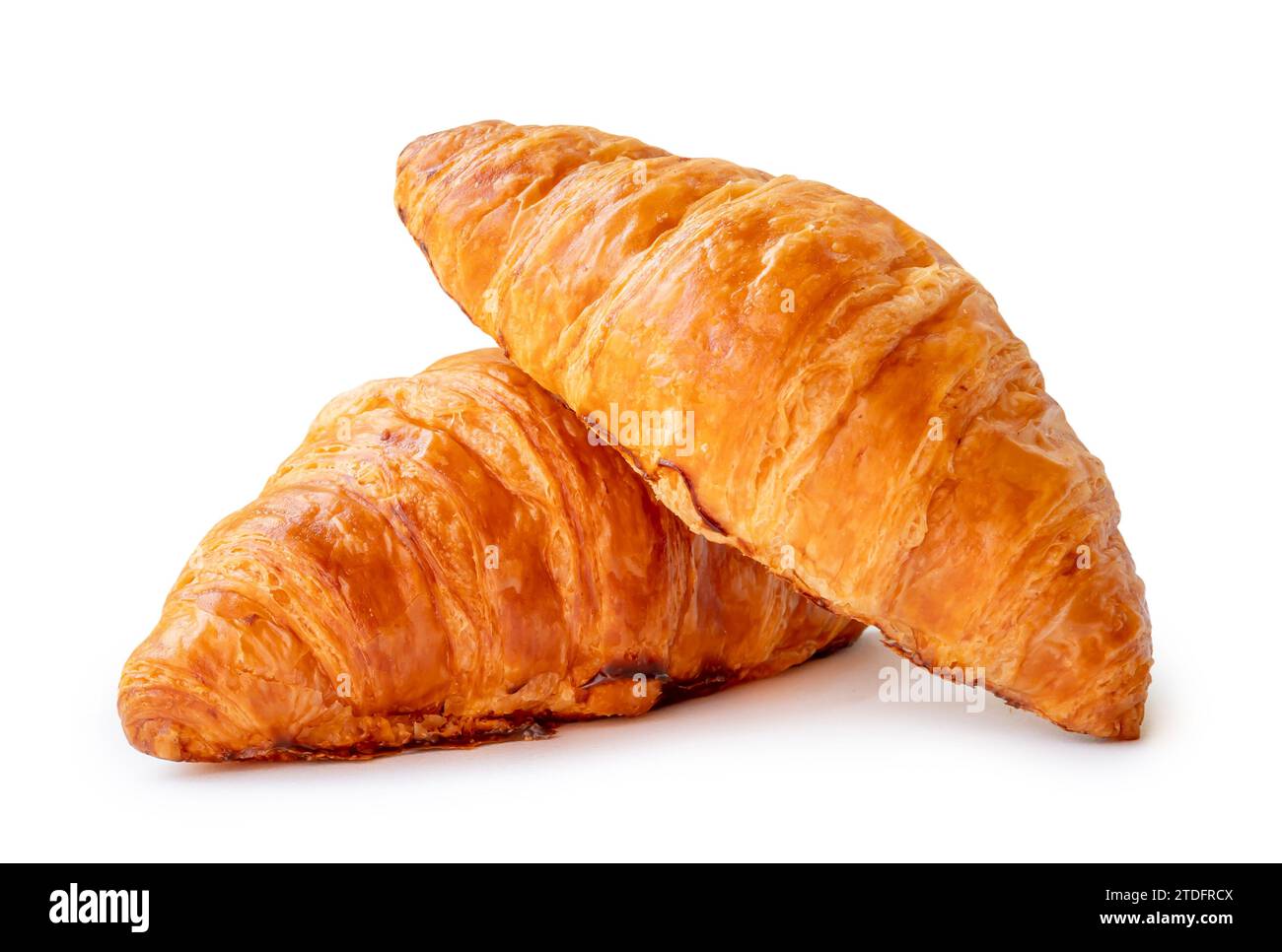 two piece of croissant in stack and cross shape are isolated on white ...