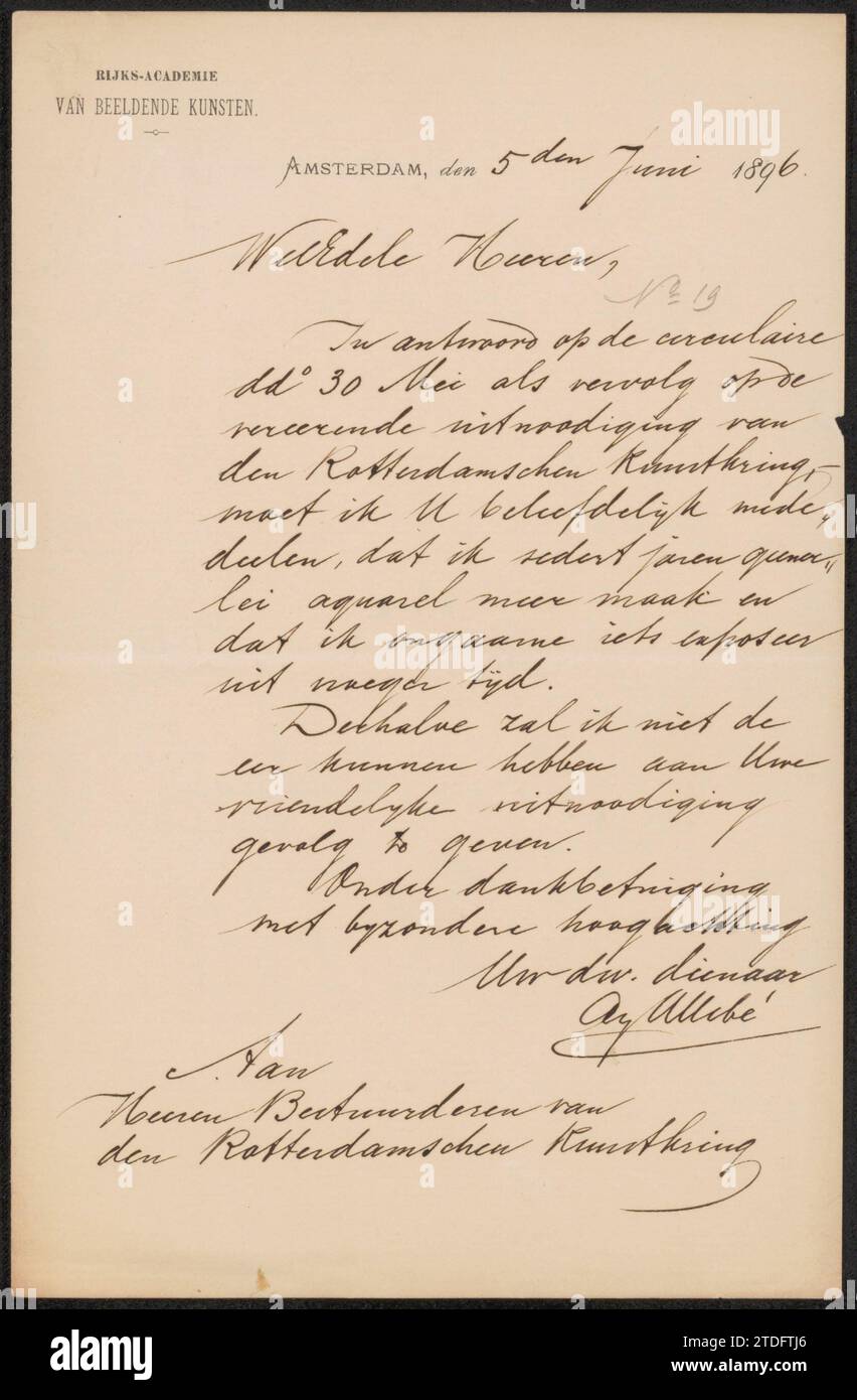 Letter to the Rotterdamsche Kunstkring, August Allebé, 1896 Amsterdam ...