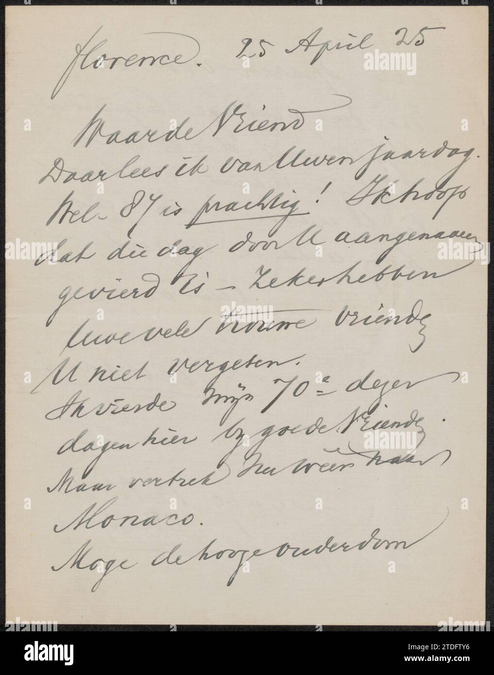 Letter to August Allebé, Abraham Bredius, 1925 Florence paper. ink ...