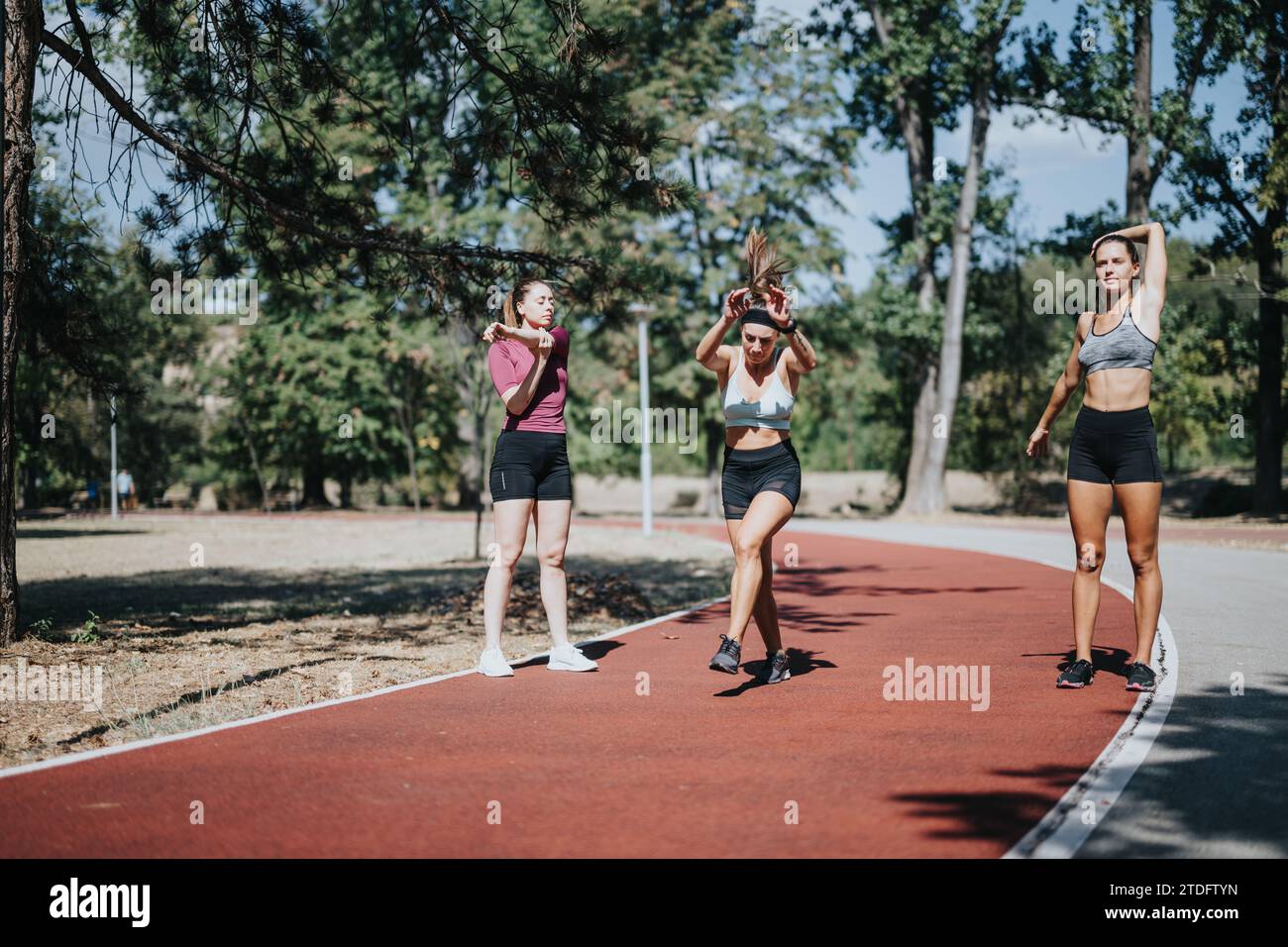 Active women, with attractive body shapes, enjoy sunny park, stretching ...