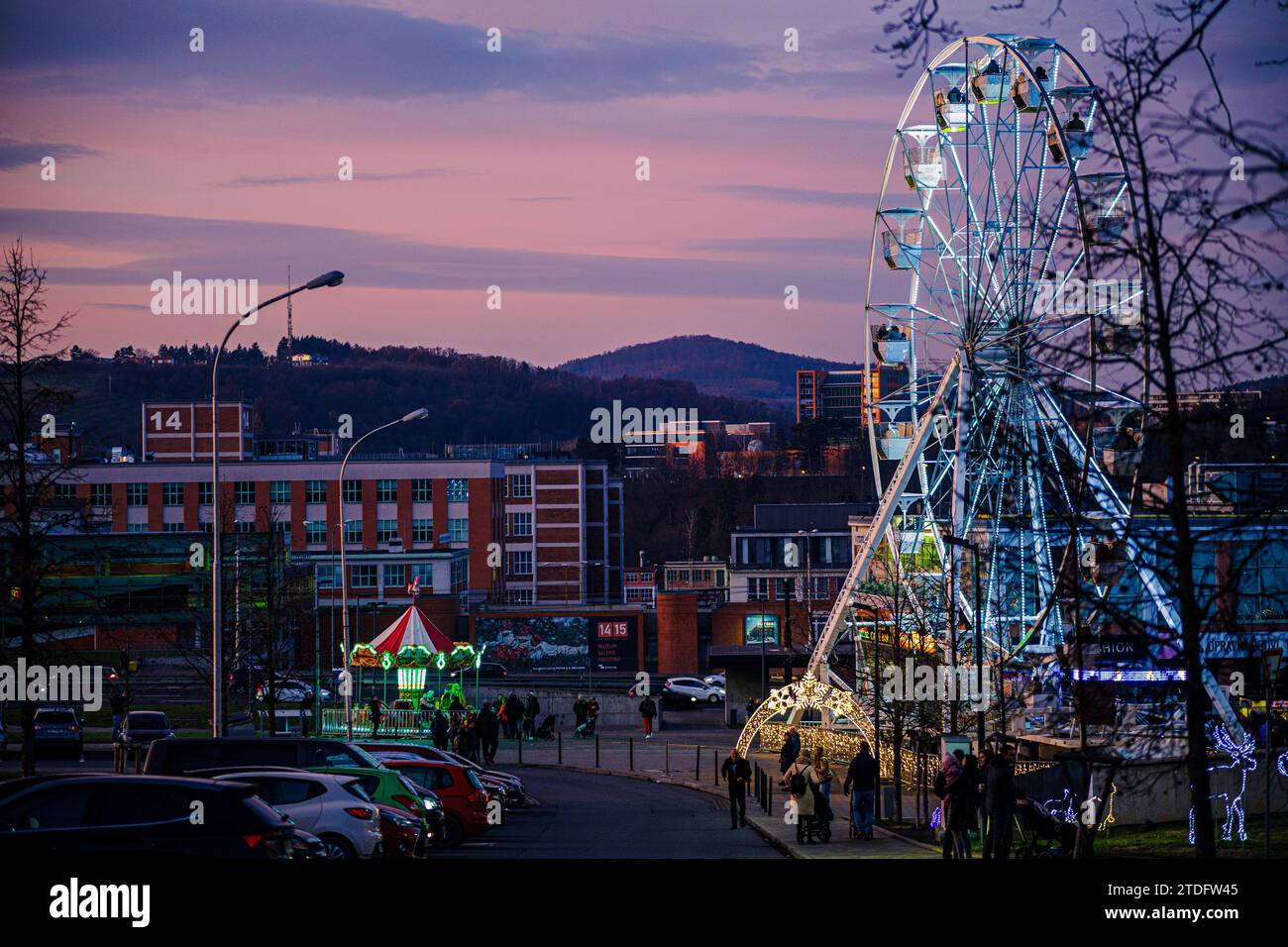 Christmas market with Ferris wheel on the Labour Square (Namesti Prace ...