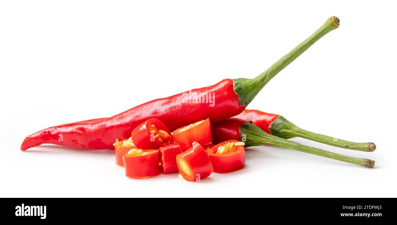 Front view of fresh red chili or peppers with slices or pieces is ...