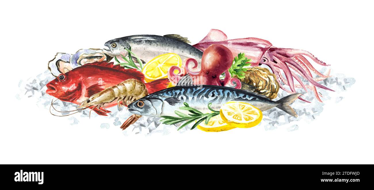 Fresh raw fish on the ice, Seafood concept Hand drawn watercolor ...