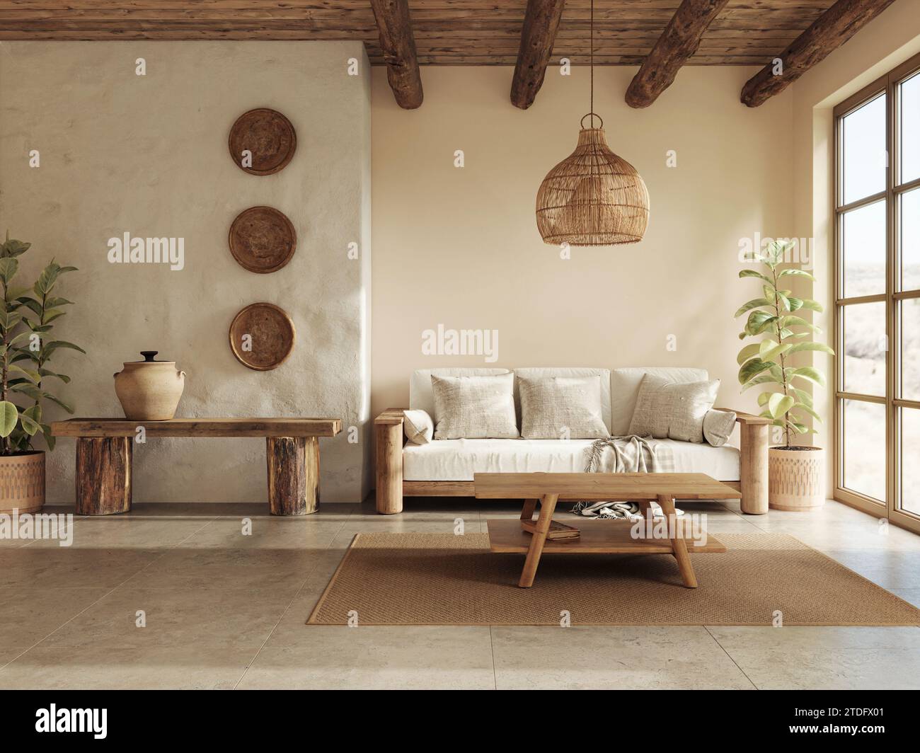 Warm wabi sabi style interior with beige walls and ethnic home ...