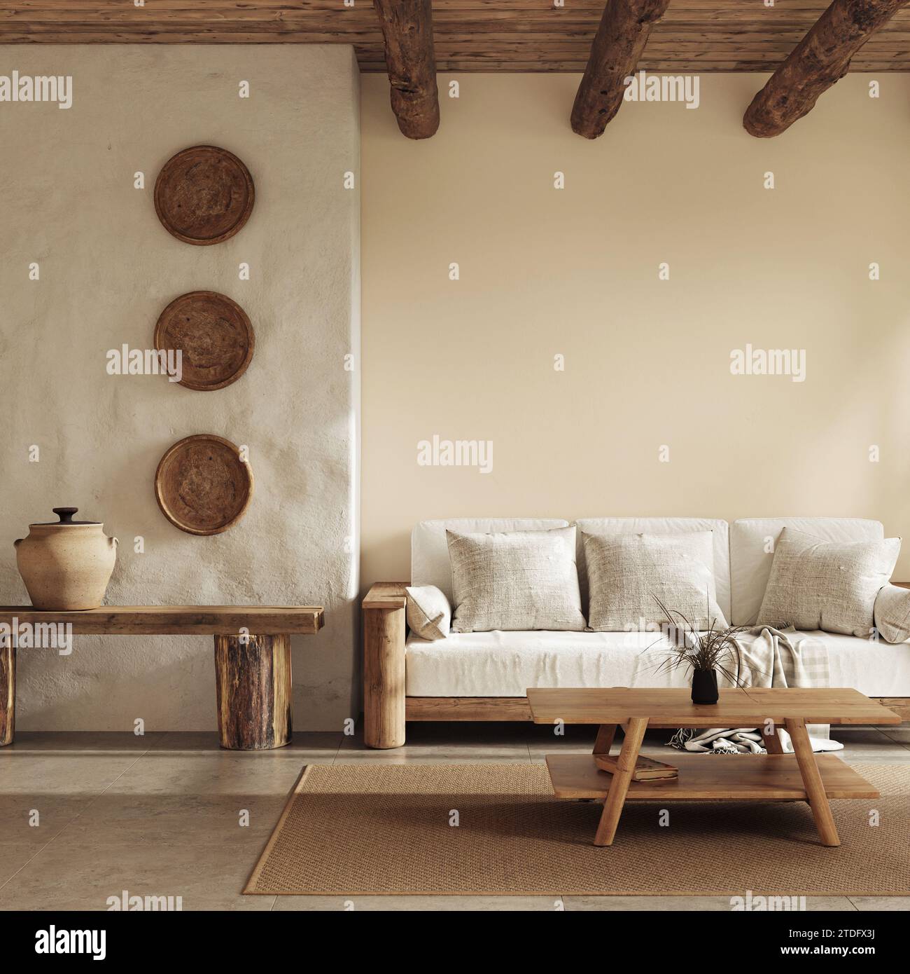 Warm wabi sabi style interior with beige walls and ethnic home ...