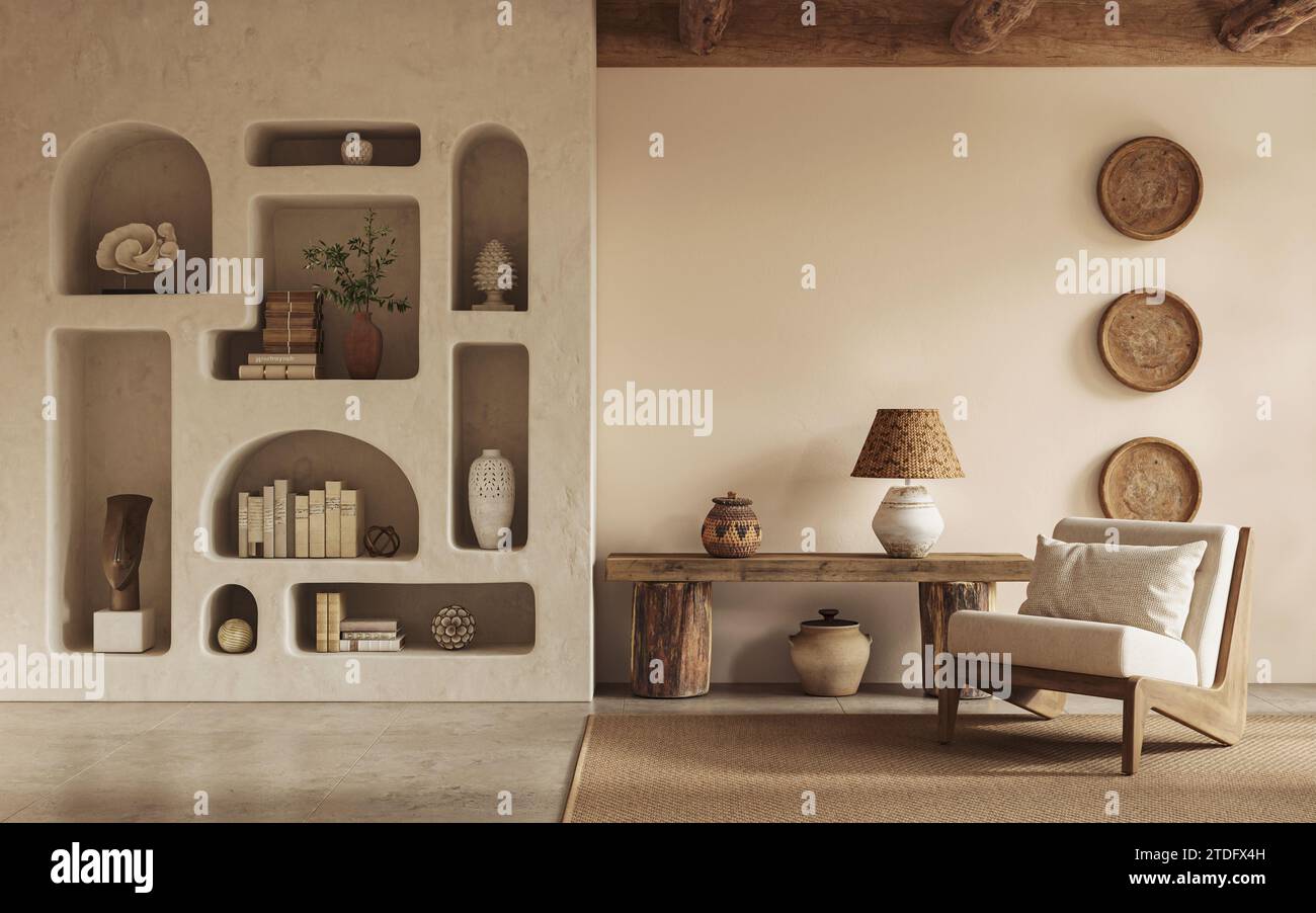 Warm wabi sabi style interior with clay niche, beige walls and ethnic ...