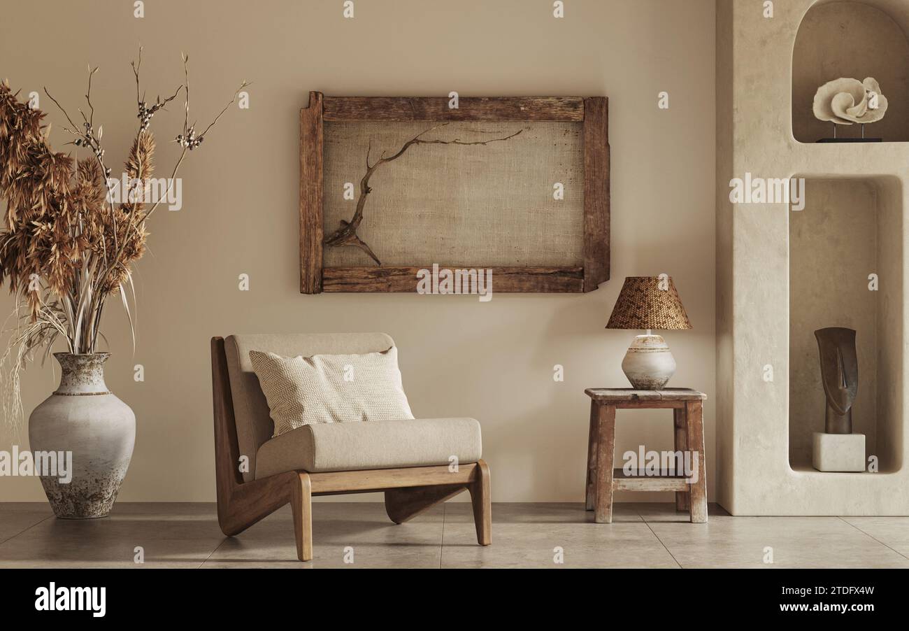 Warm wabi sabi style interior with clay niche, beige walls and ethnic ...